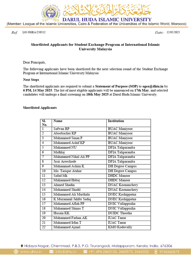 Shortlisted Applicants For Student Exchange Program at IIUM | PDF