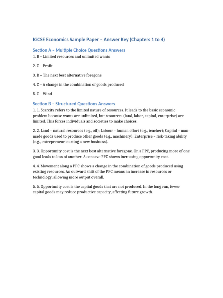 IGCSE Economics Answer Key: Chapters 1-4 | PDF