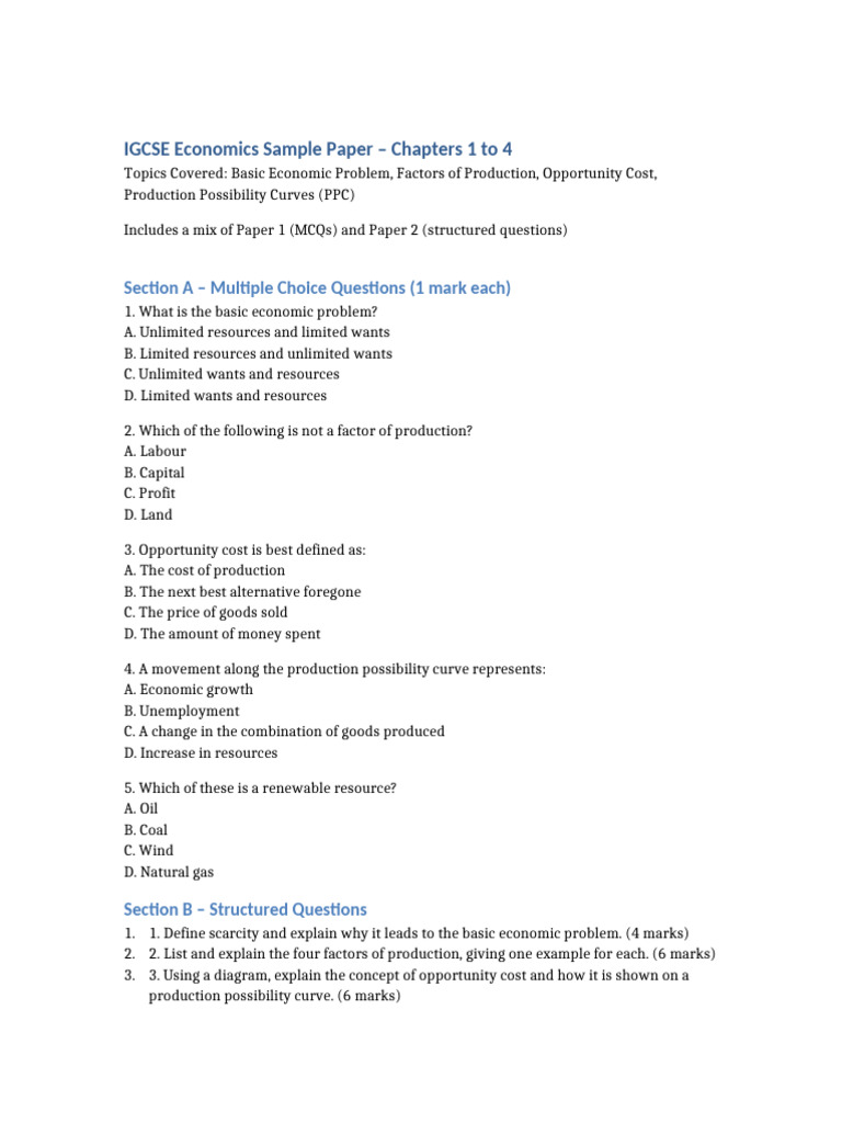 IGCSE Economics Sample Paper Ch1-4 | PDF