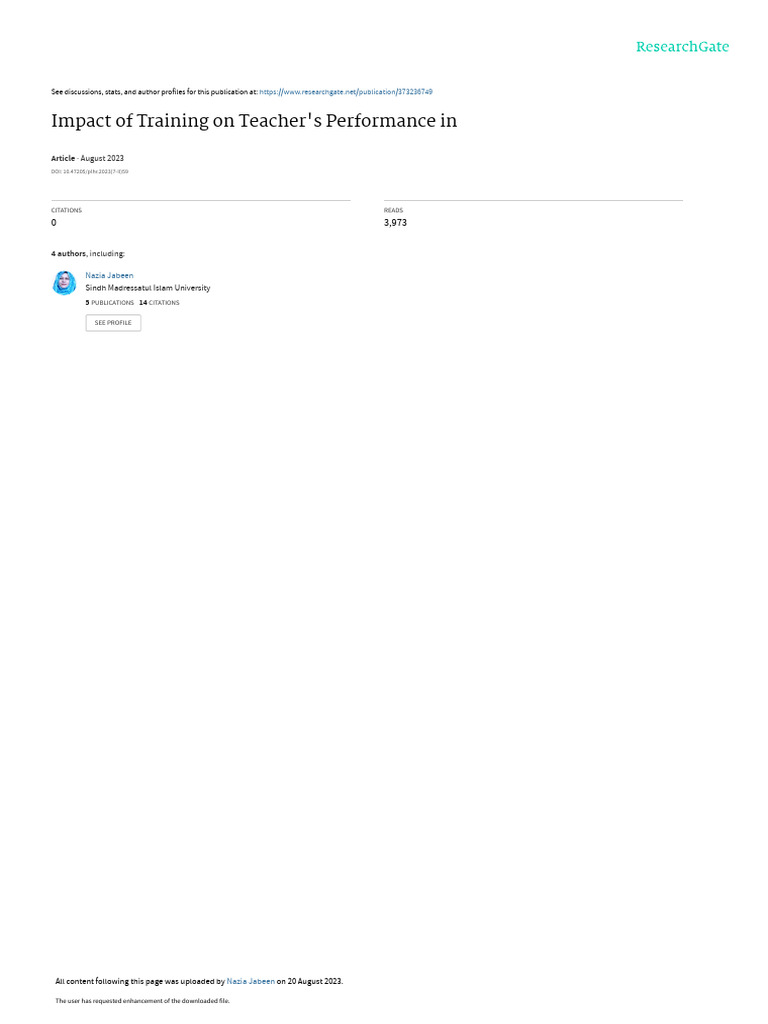 Impact of Training On Teacher's Performance In: August 2023 | PDF | Errors And Residuals ...