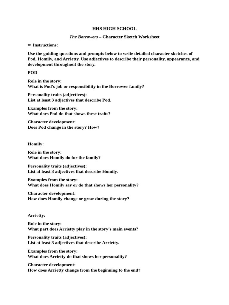 CHARACTER SKETCHES WORKSHEET | PDF