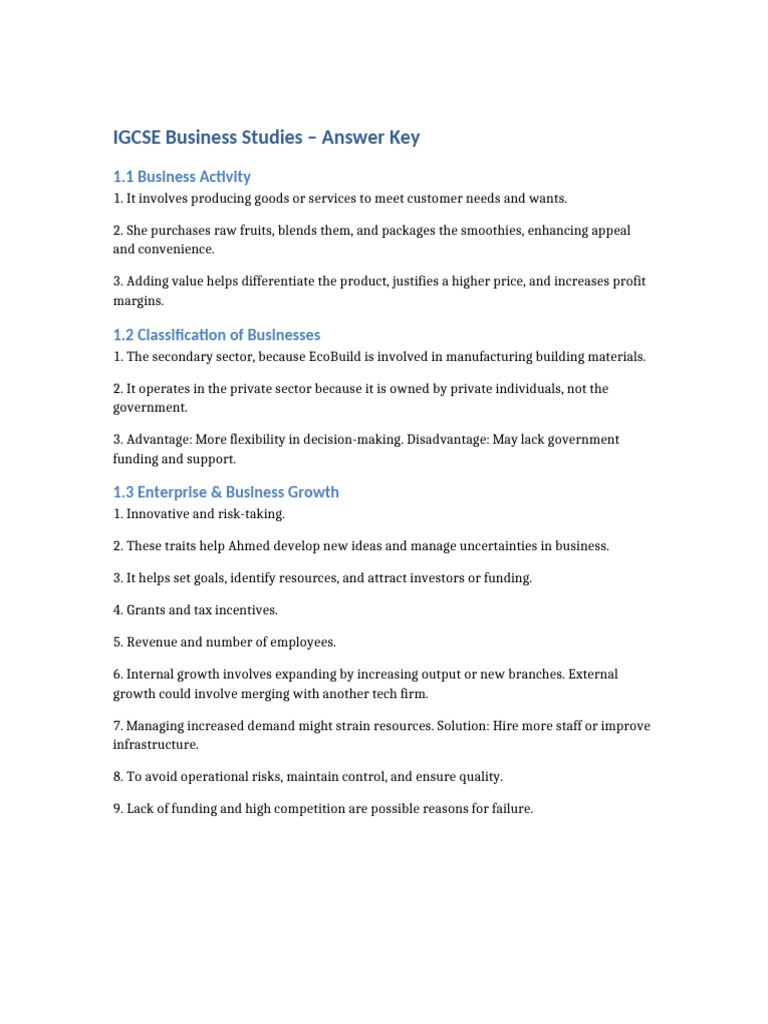 IGCSE Business Studies Answer Key | PDF