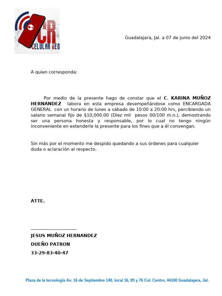 CARTA LABORAL Celular Red | PDF