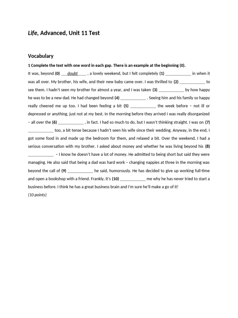 Life 2e - Advanced - Unit 11 Test - Word | PDF | Consciousness | Thought