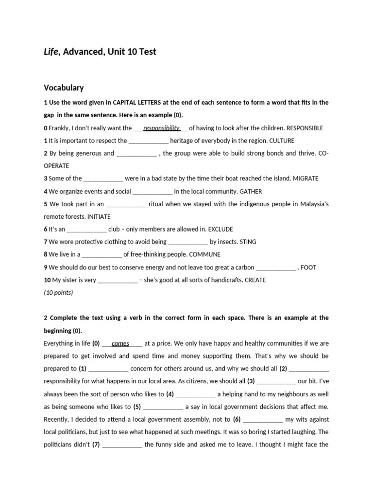 Life 2e_Advanced_Unit 10 test_Word | PDF | Lion | Pack (Canine)