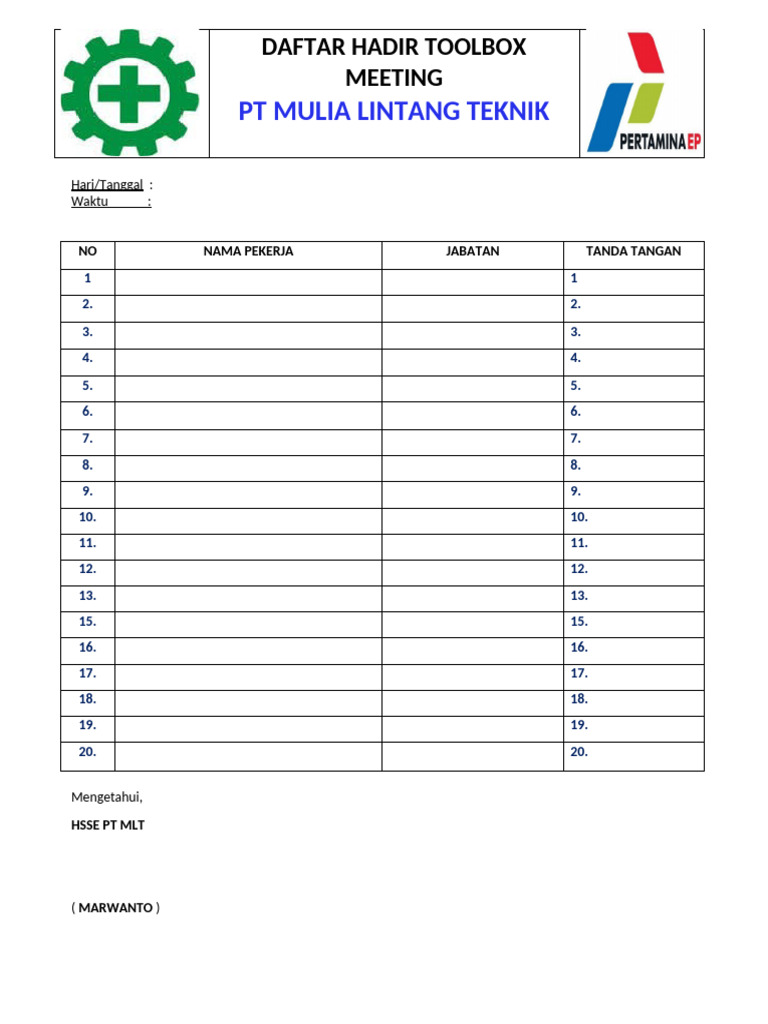 Daftar Hadir Tool Box Meeting | PDF