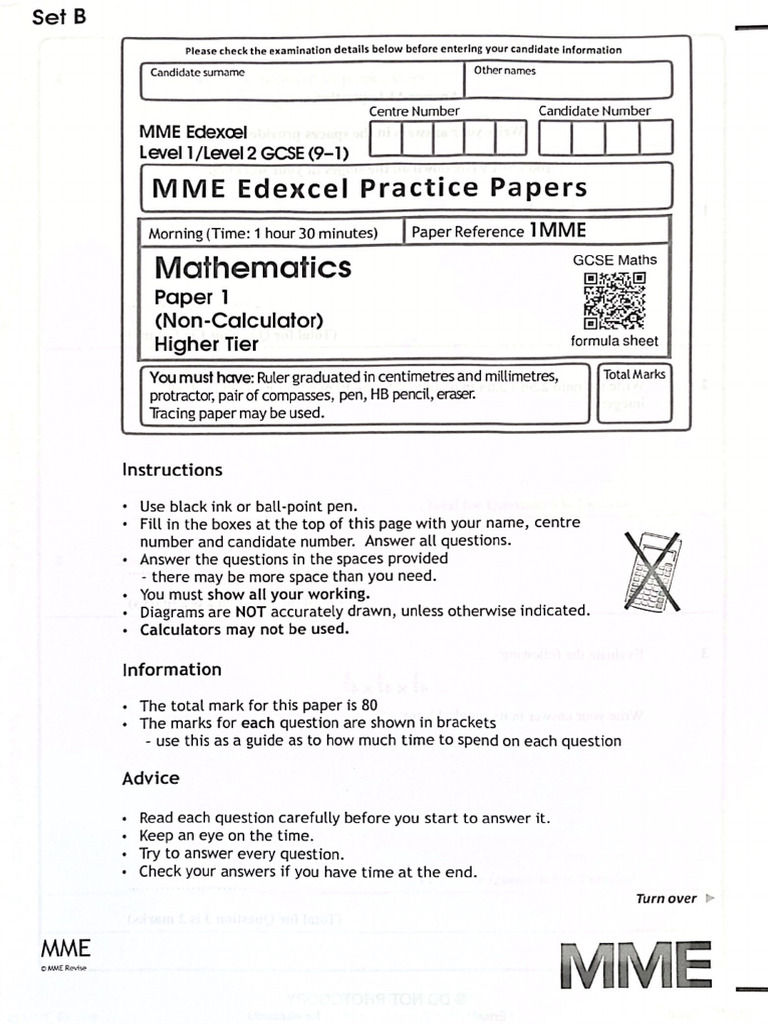 Edexcel Math, Paper 1 Non-Calculator. H | PDF