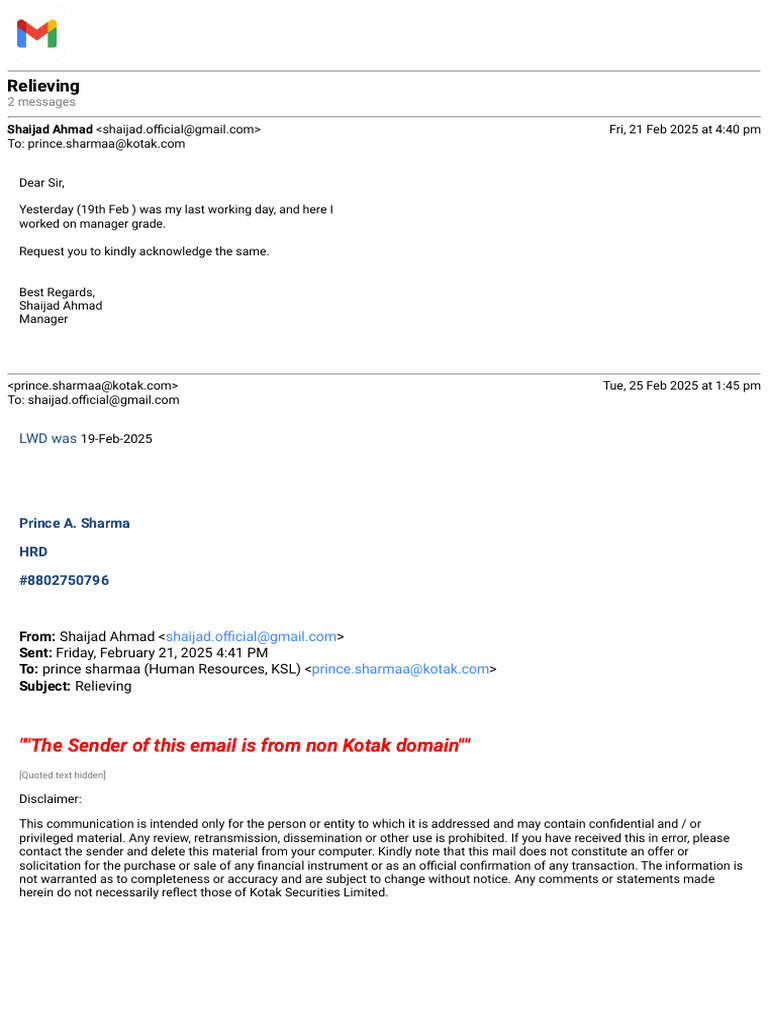 Gmail - Relieving | PDF