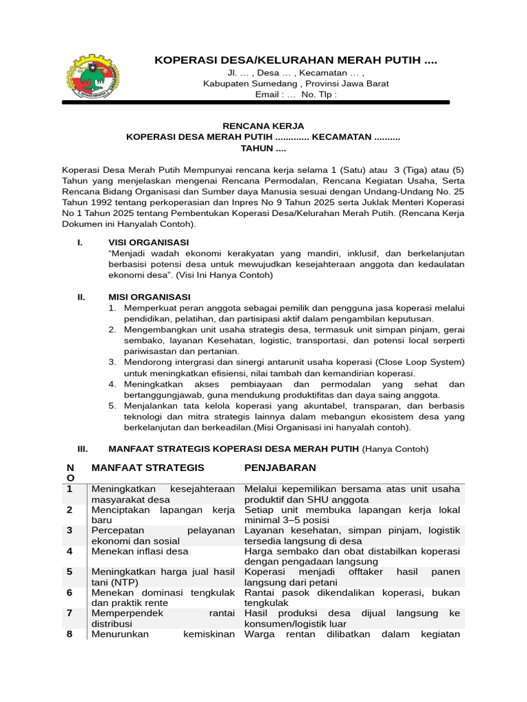 Templat Rencana Kerja KDMP Kab Sumedang | PDF