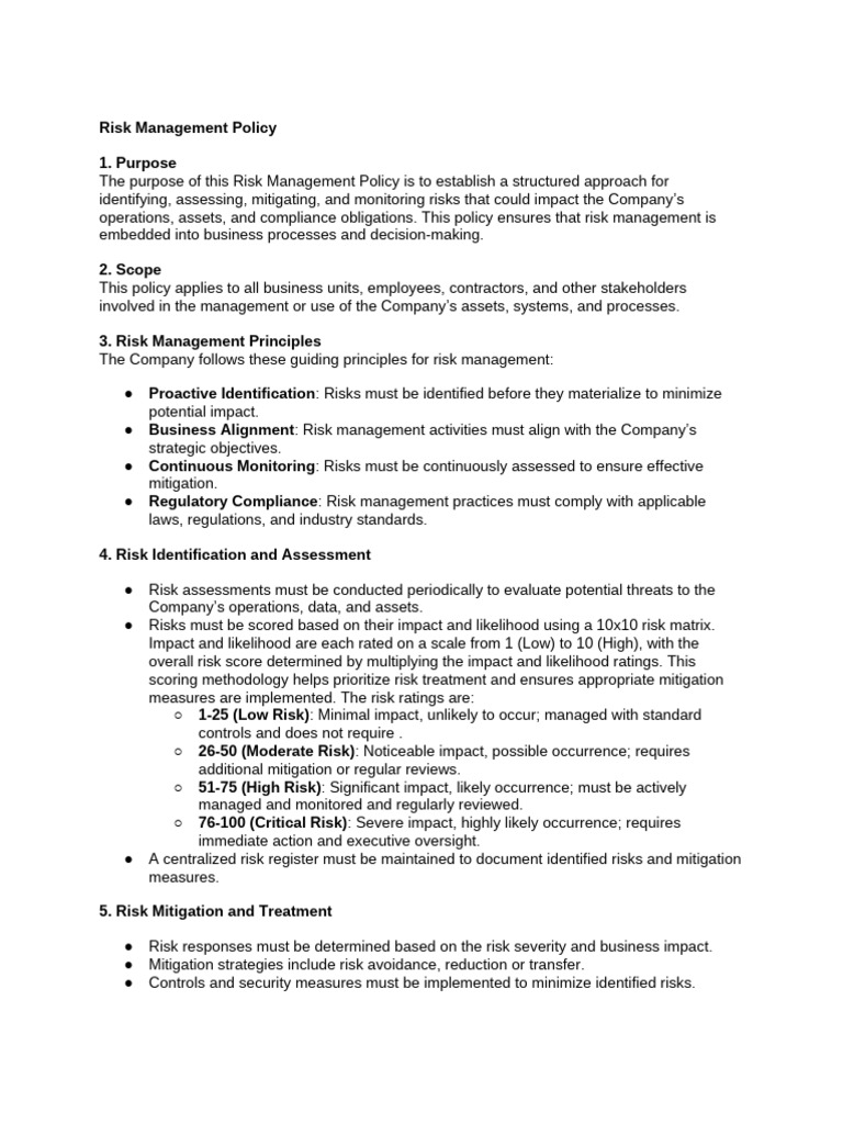 Risk Management Policy | PDF | Risk Management | Risk