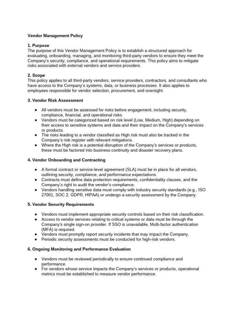 Vendor Management Policy | PDF | Regulatory Compliance | Risk