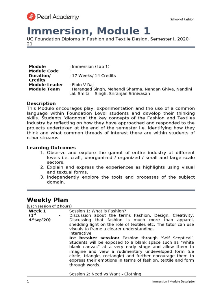 MODULE DESCRIPTOR - IMMERSION-1 Foundation | PDF | Fashion | Clothing