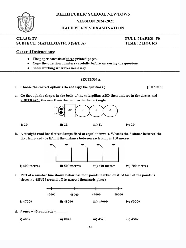 Class IV Mathematics Half-Yearly Exam | PDF | Arithmetic | Mathematics