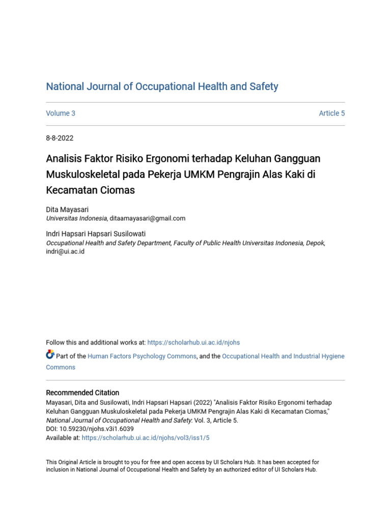 Analisis Faktor Risiko Ergonomi Terhadap Keluhan Gangguan Muskulo | PDF