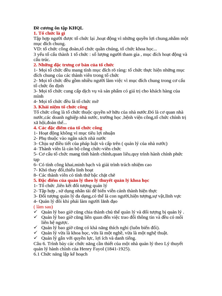 Đề Cương Ôn Tập KHQL | PDF