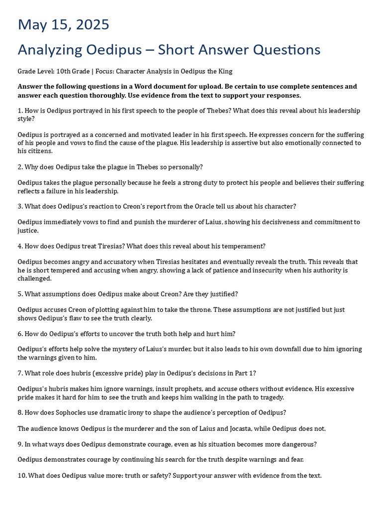 Analyzing Oedipus Short Answer Questions PDF | PDF | Oedipus | Theban ...