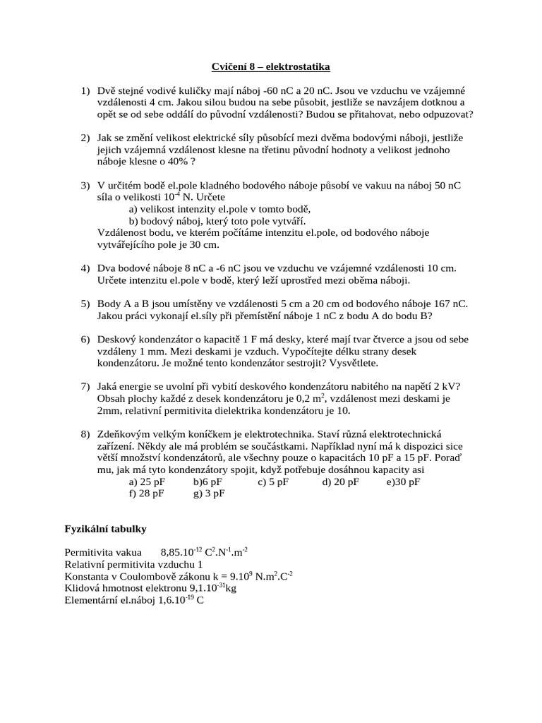 Cvičení 8-Elektrostatika Nové Kratší | PDF