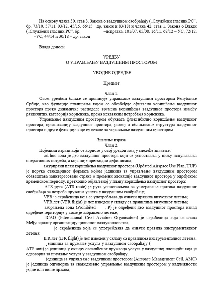 Uredba o Upravljanju Vazdusnim Prostorom (SL - Glasnik RS, Br. 86-19) | PDF