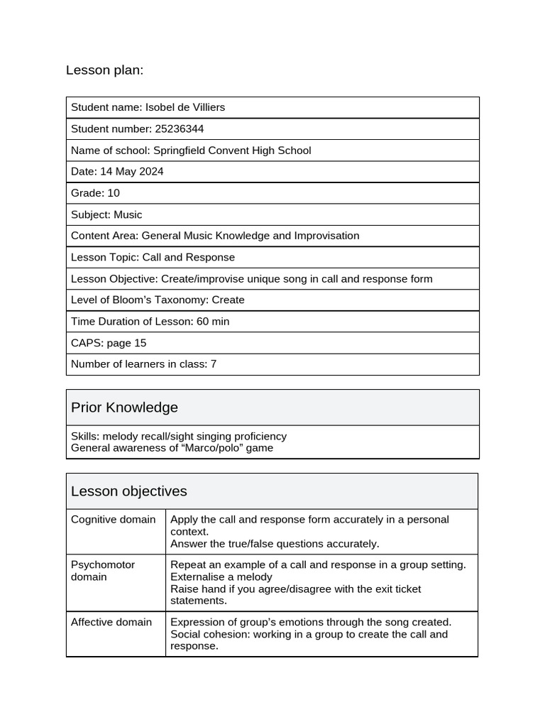 Call and Response Music Lesson Plan | PDF | Learning | Cognition