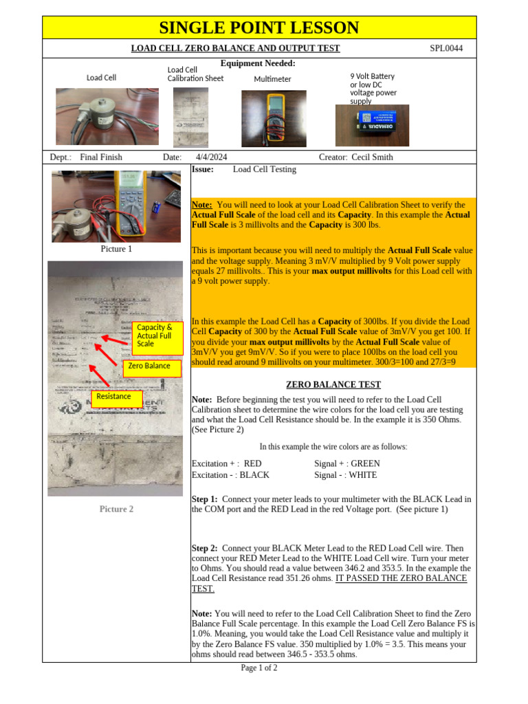 Load Cell Output and Zero Balance Test | PDF | Volt | Electrical ...