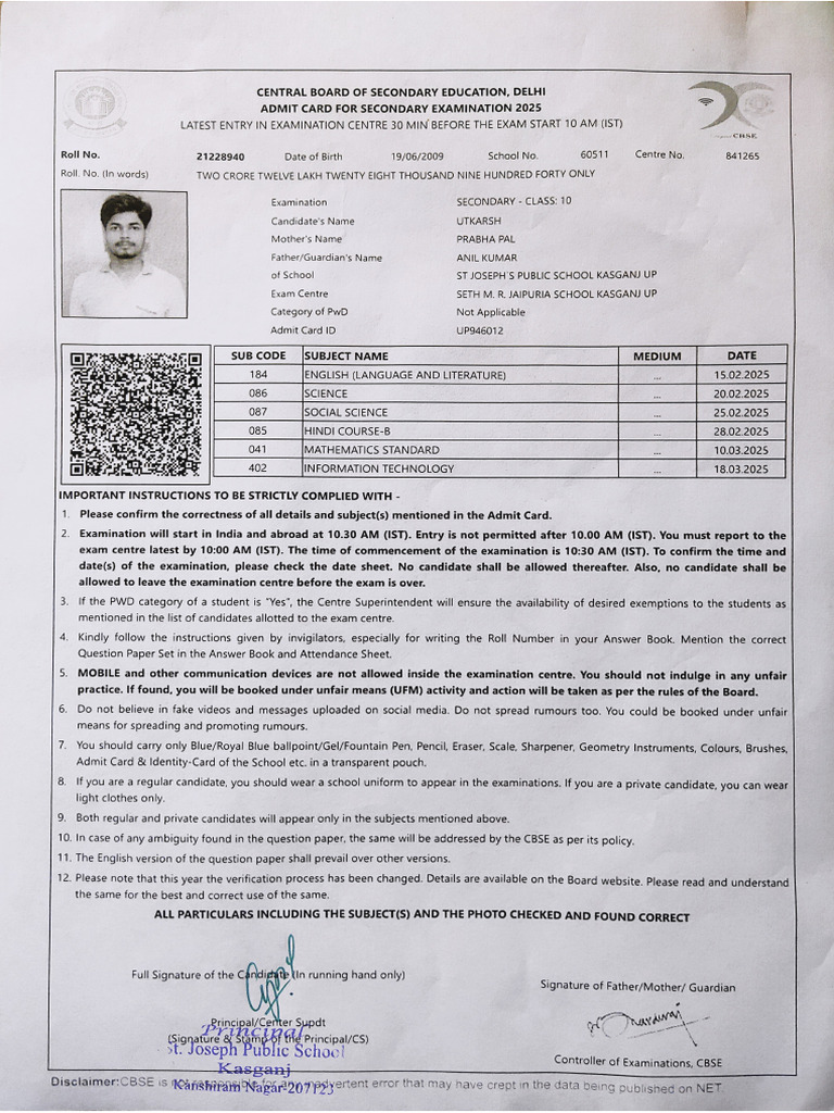 Cbse Boards 2024-25 Admit Card | PDF
