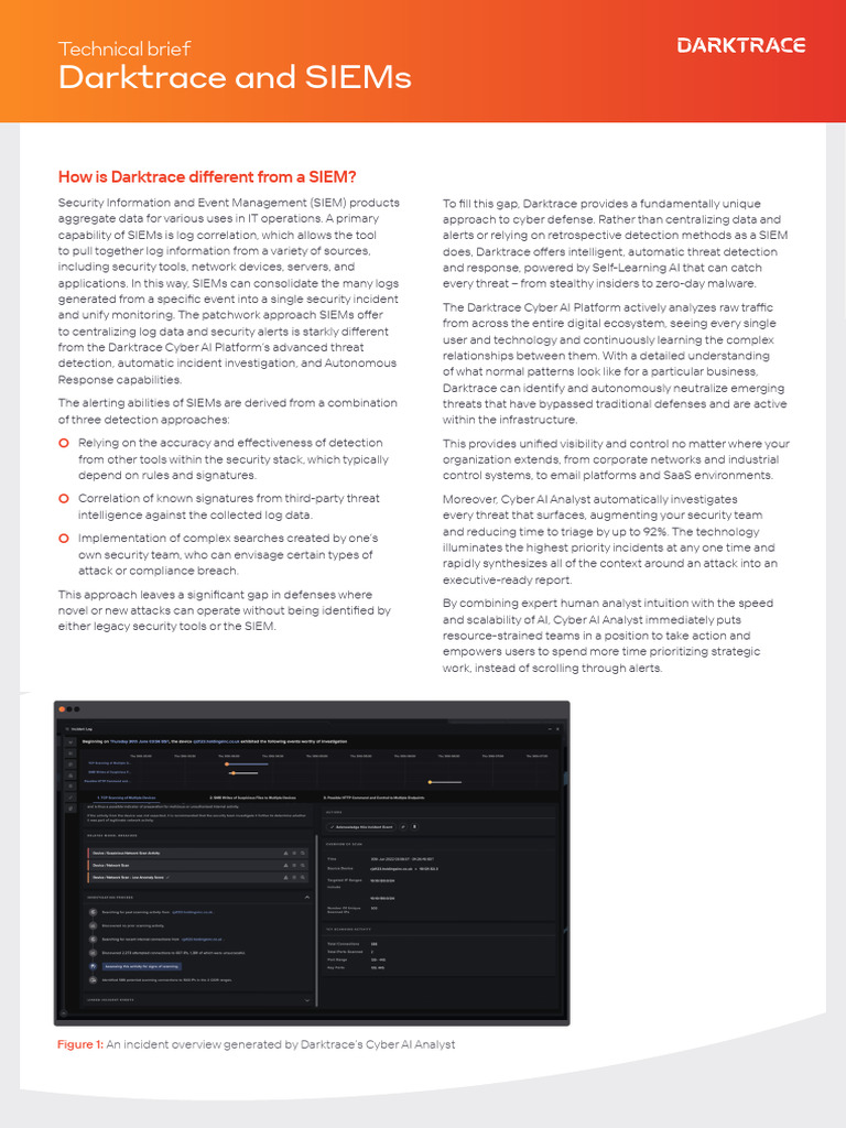 651f2ef7dc58dafbb47446b1 - Darktrace and SIEMs | PDF | Security | Computer Security