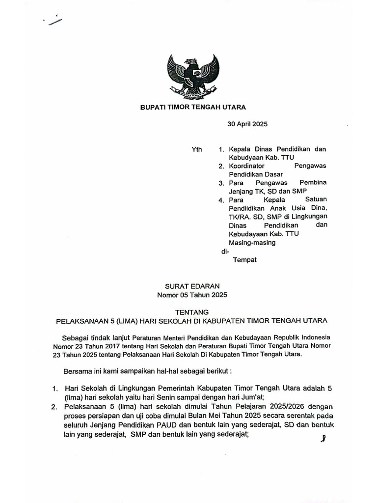 Edaran Pelaksanaan 5(LIMA) Hari Sekolah | PDF