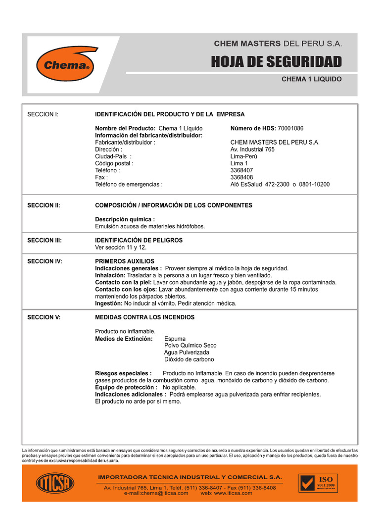 Hoja de Seguridad Chema 1 Líquido | PDF | Agua | Residuos