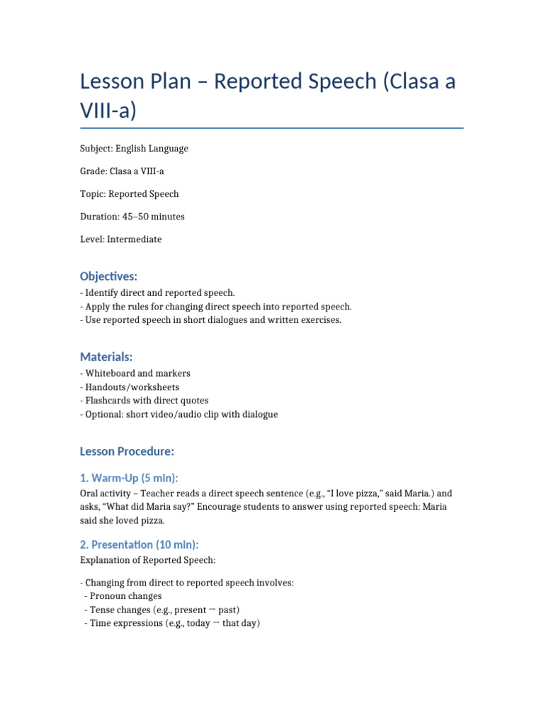 Reported_Speech_Lesson_Plan_Clasa_VIII | PDF