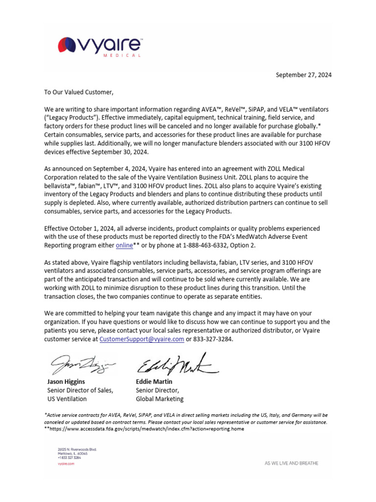 Vyaire Ventilator Product Changes Notice | PDF | Business