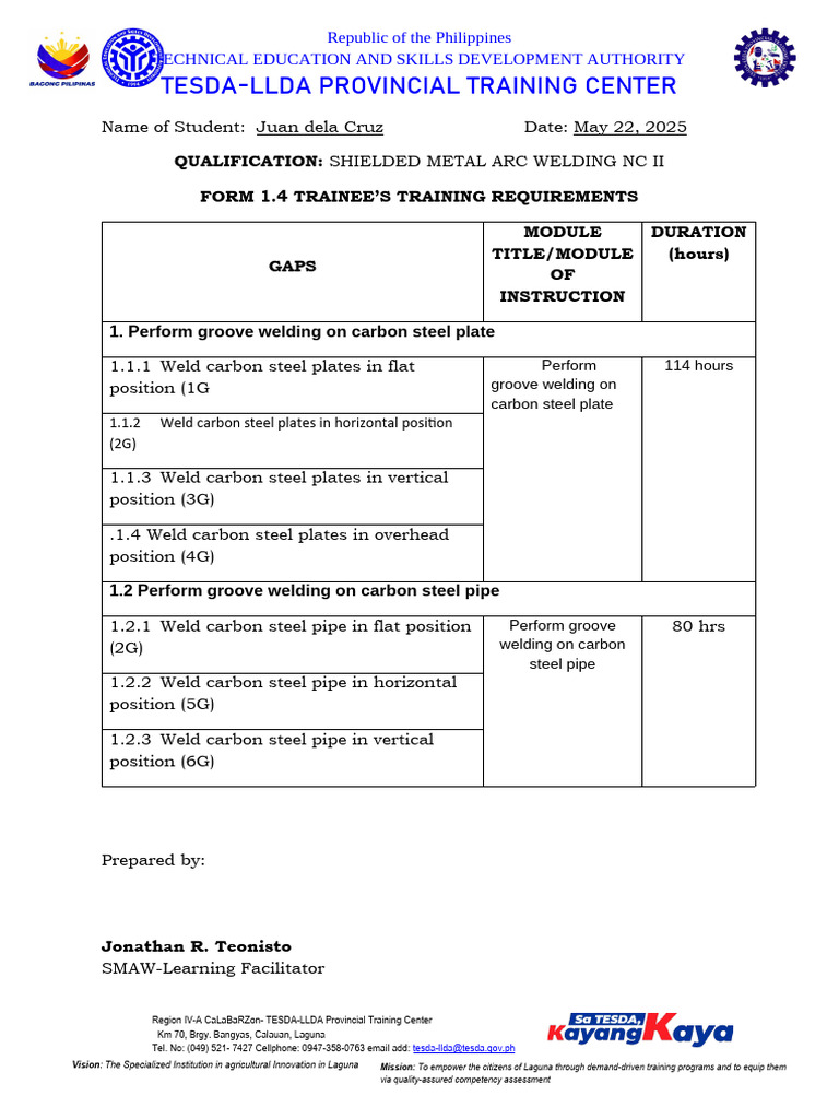 04 - Trainees Training Requirement | PDF | Welding | Construction