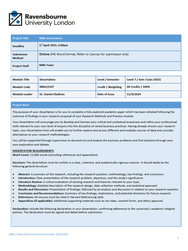 MBA Dissertation Brief-1 - 660100 | PDF | Methodology | Thesis