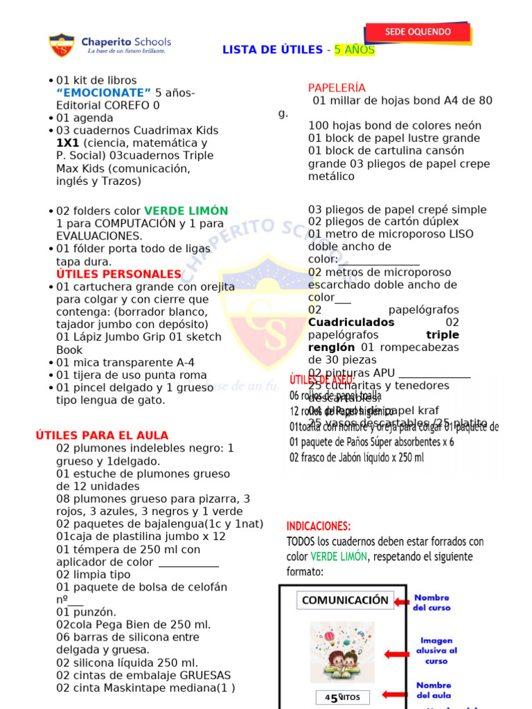 Lista de útiles para 5 años | PDF | Materiales de Conservación y ...