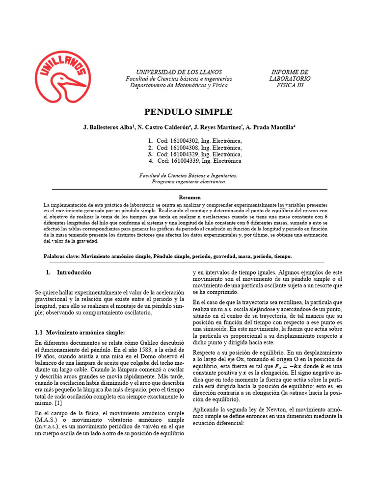Pendulo Simple | PDF | Péndulo | Fuerza