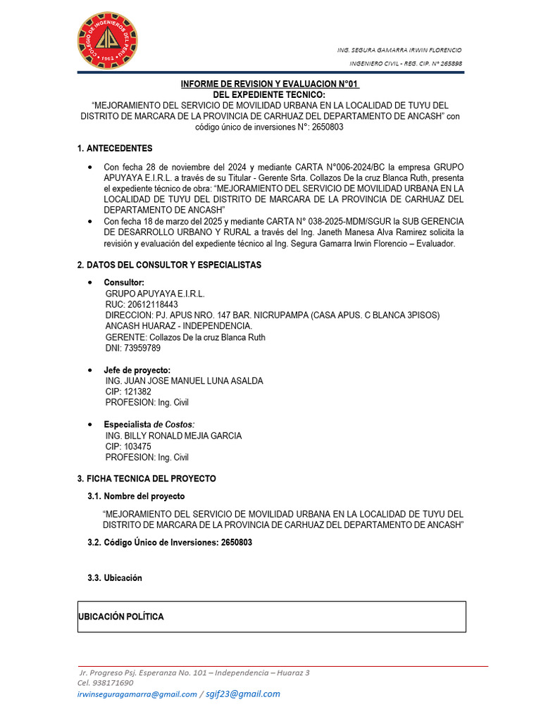 INFORME DE REVISION Y EVALUACION Irwin ACTUALIUZADO | PDF | Presupuesto | Ingeniero civil