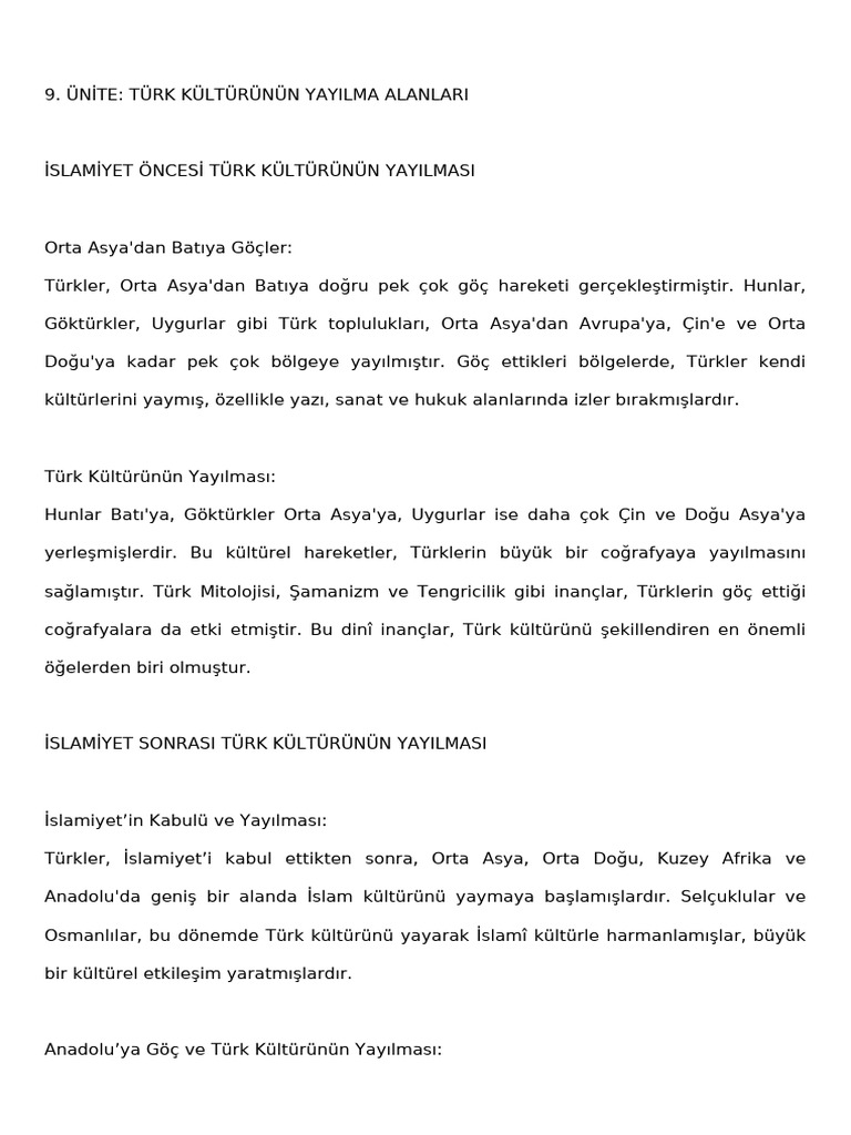 9 Unite Turk Kulturu Ozet | PDF