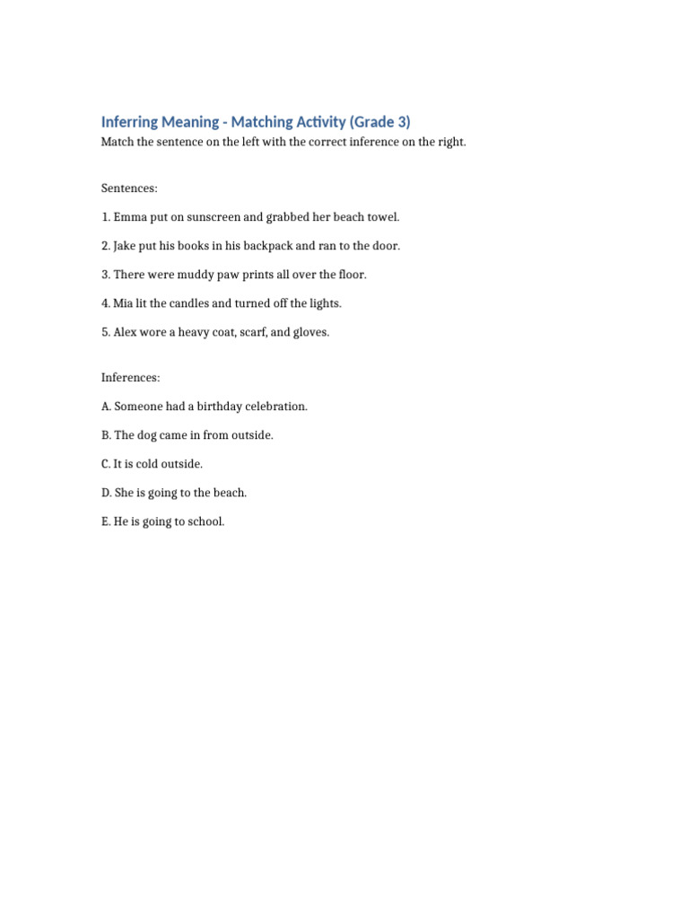 Grade 3 Inference Matching Activity | PDF