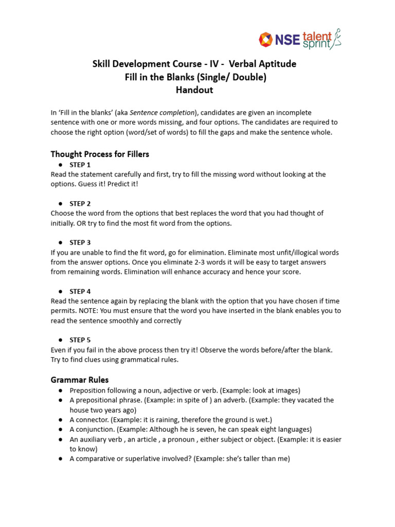Verbal Aptitude Fill-in-the-Blanks Guide | PDF | Question | Word