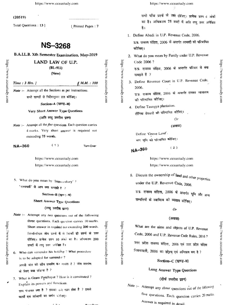 Ballb 10 Sem Land Law of Up Ns 3268 May 2019 | PDF