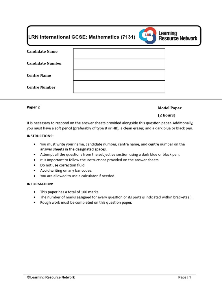 International GCSE Maths Model Paper | PDF