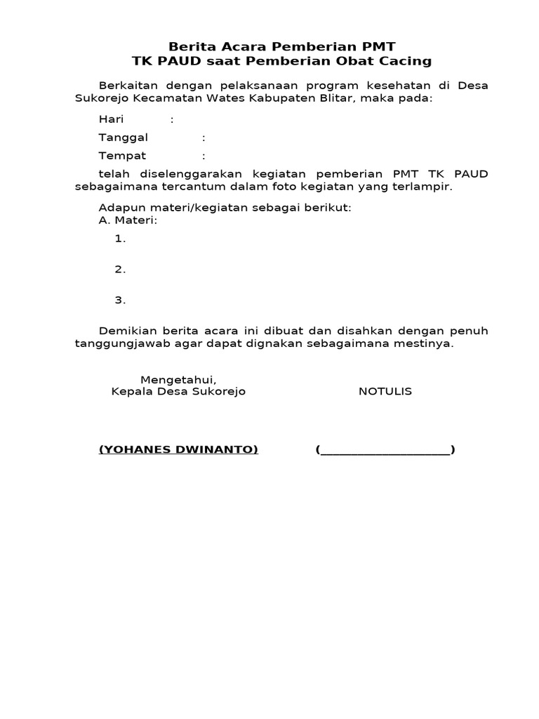 Pemberian PMT dan Obat Cacing PAUD Blitar | PDF