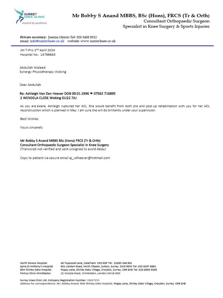 Van Den Heever Ashleigh Physiotherapy Letter 28.03.2024 | PDF