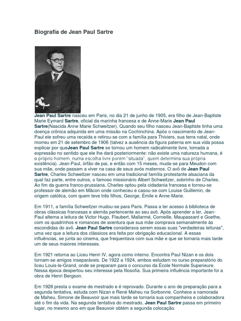 Biografia de Jean Paul Sartre | PDF | Jean Paul Sartre | Science