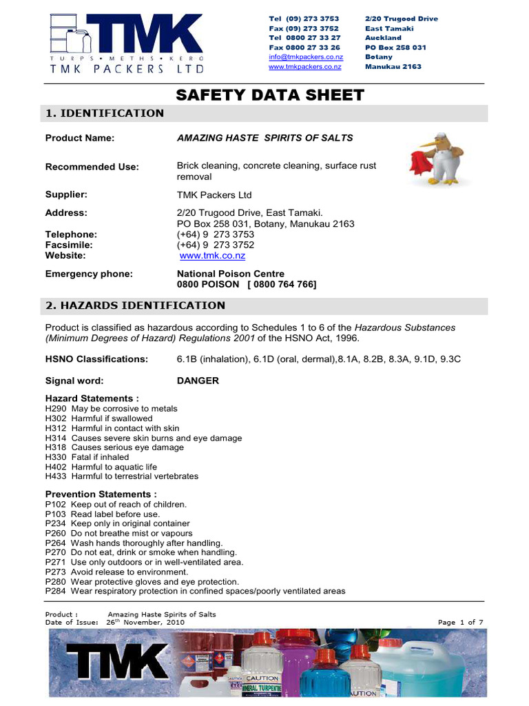 MSDS Spirits of Salt, Hydrochloric Acid, Muriatic Acid - TMK Packers | PDF | Magnesium ...