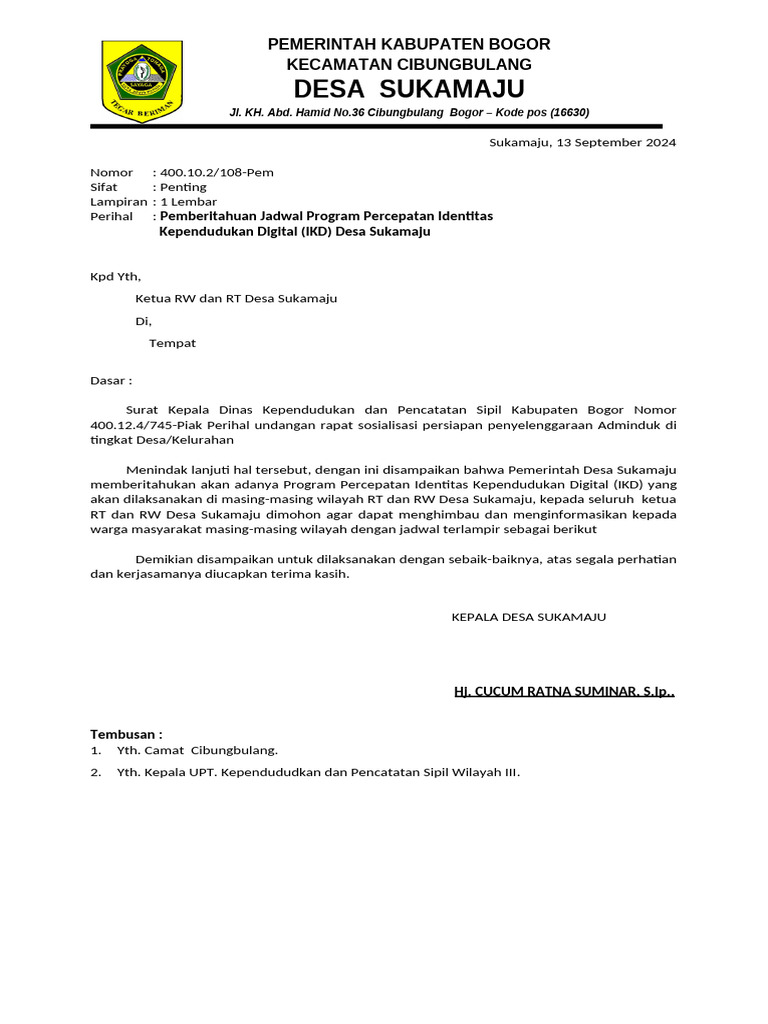 Surat Pemberitahuan Jadwal Ikd Desa Sukamaju | PDF