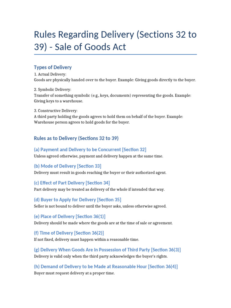 Delivery Rules in Sale of Goods Act | PDF