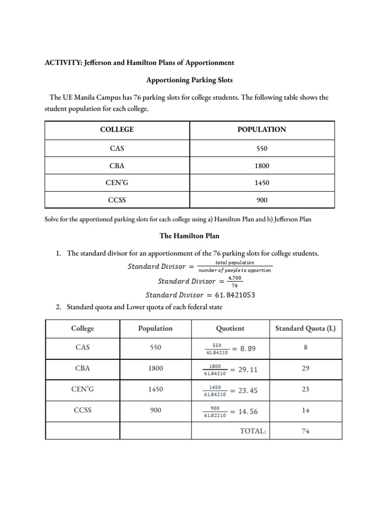 Jefferson and Hamilton Plans of Apportionment | PDF | Apportionment ...
