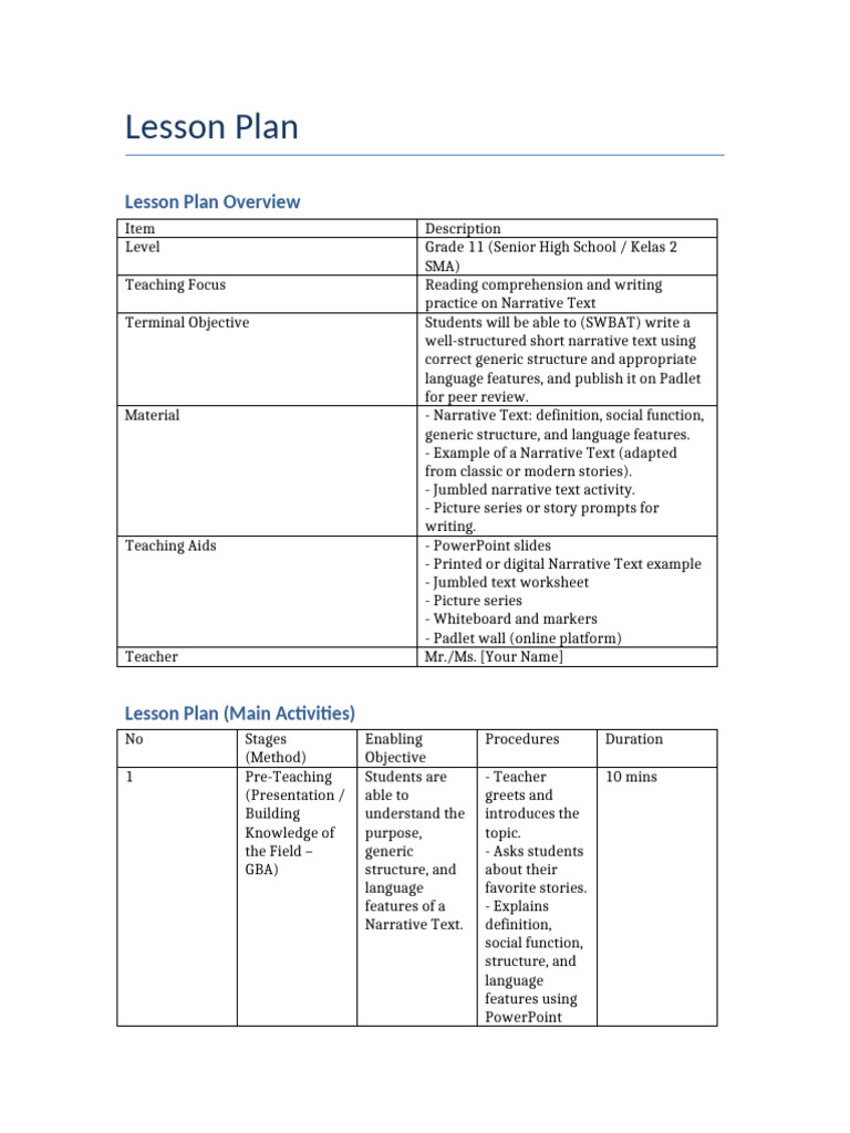 Grade 11 Narrative Text Lesson Plan | PDF | Lesson Plan | Cognition