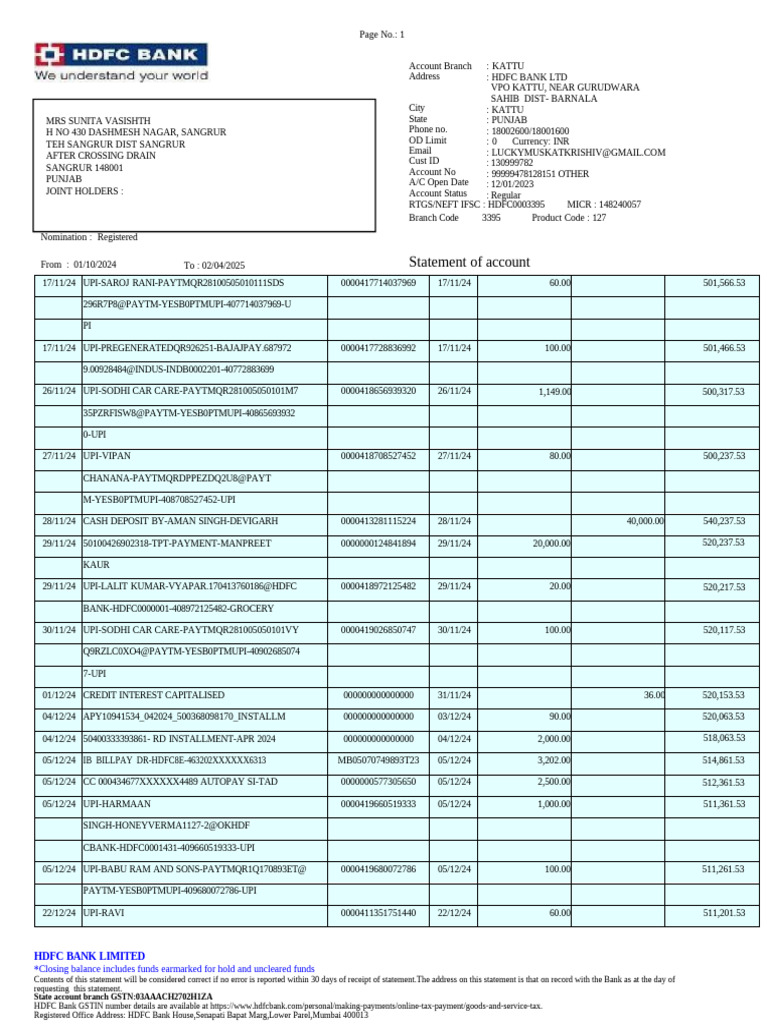 HDFC Bank Statement for Sunita Vasisht | PDF | Private Sector | Service ...
