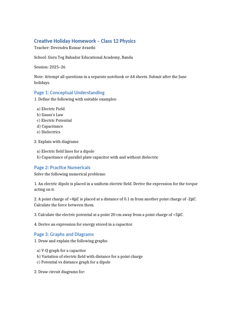 Class12 Physics Creative Holiday Homework Devendra Avasthi | PDF ...